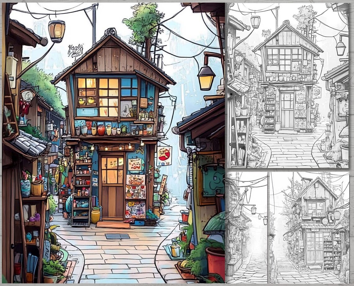 Japanese Street Scene Coloring Book: Tokyo Shopfronts (digital Download ...