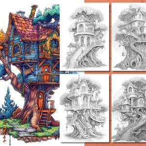 Fantasy Treehouse Coloring Pages for Kids and Adults, Tree Houses in ...