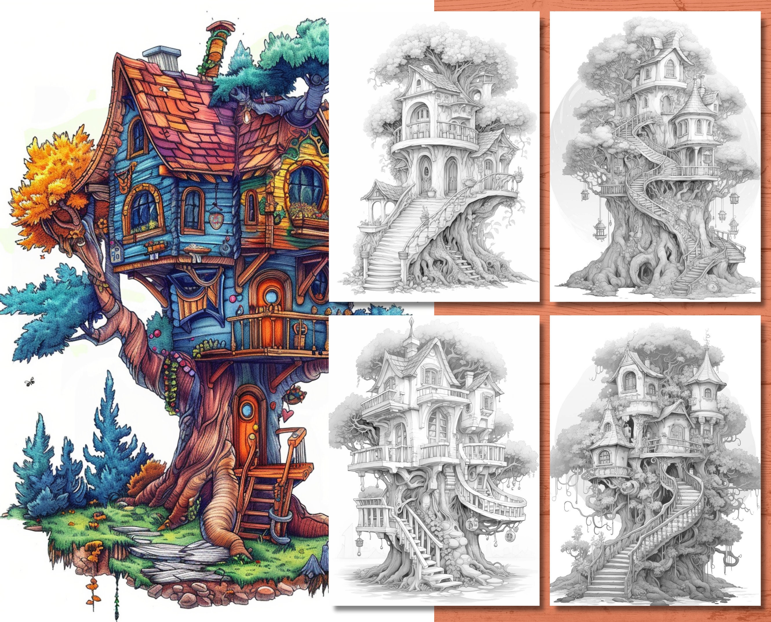 Fantasy Treehouse Coloring Pages for Kids and Adults, Tree Houses in ...