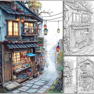 Charming Japanese Store Coloring Book, Unique Street Scene, Detailed ...