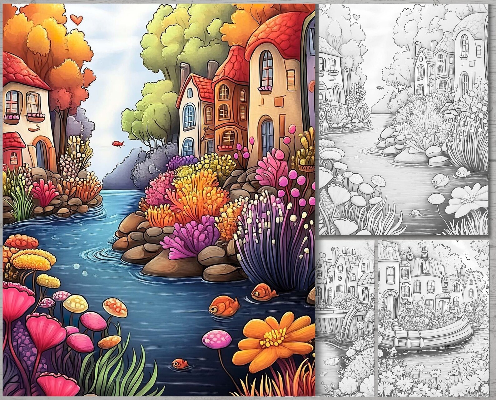 River Coloring Book: Boats, Flowers, Relaxing Scenes (PDF Download) - Etsy