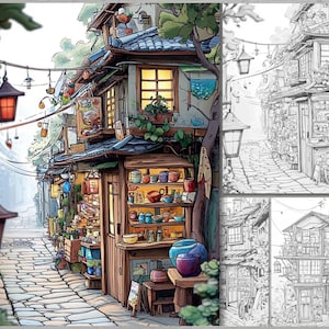 Charming Japanese Store Coloring Book, Unique Street Scene, Detailed ...