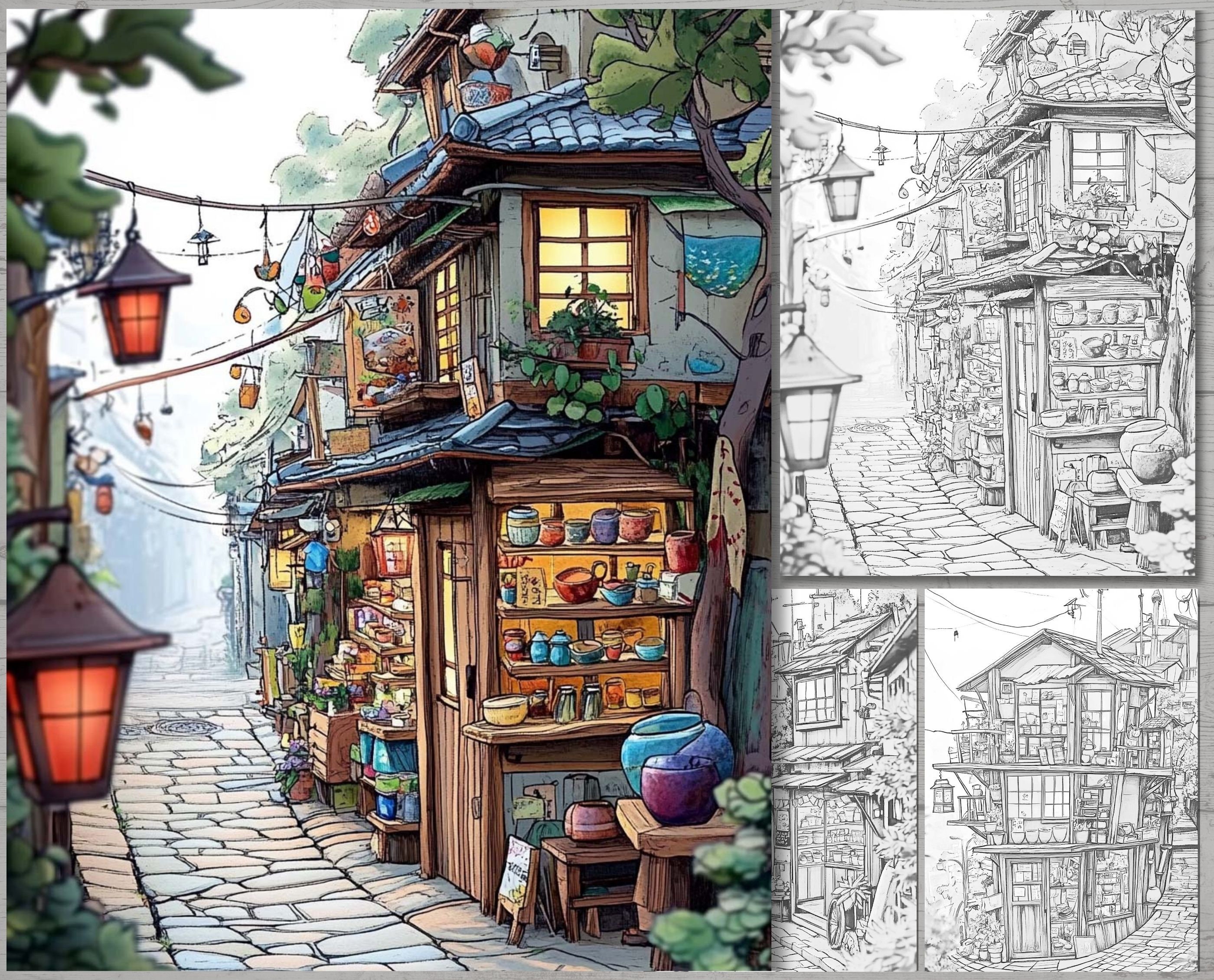 Charming Japanese Store Coloring Book, Unique Street Scene, Detailed ...