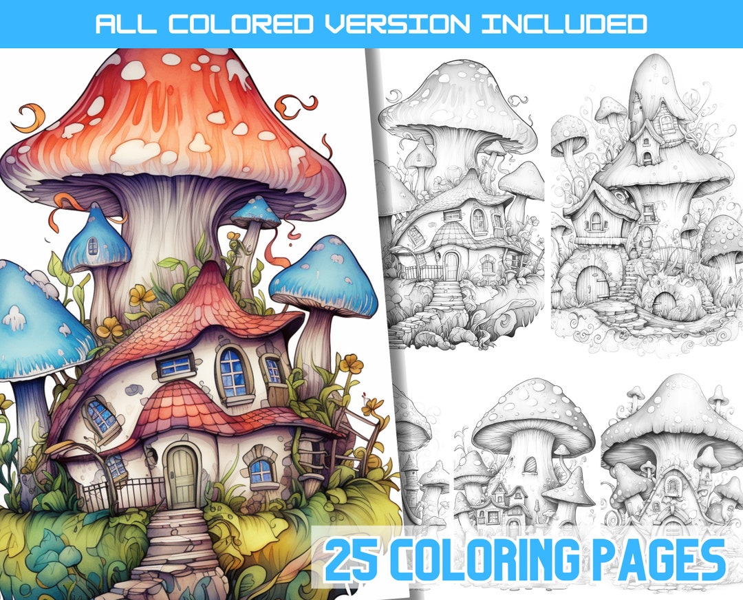 Cute Mushroom House Coloring Book, Amusing Adult and Kids Fairy House ...