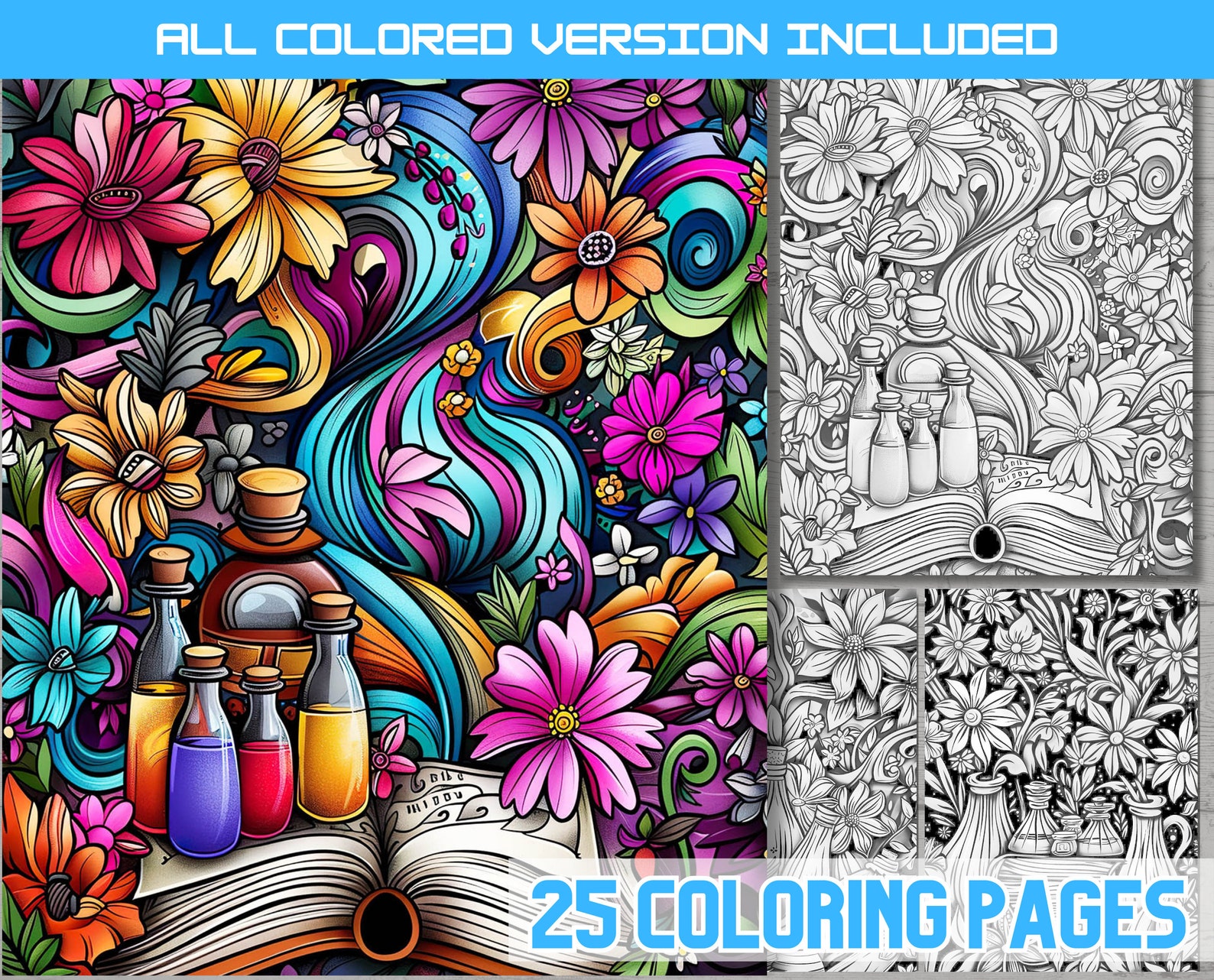 Floral Magic Potions Coloring Pages: Adult & Kids Fantasy (digital ...