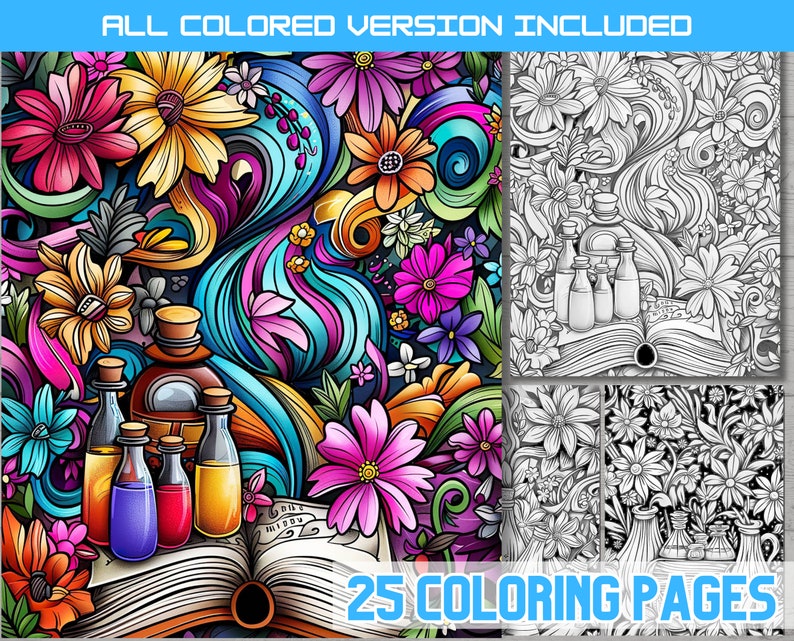 Floral Magic Potions Coloring Pages: Adult & Kids Fantasy (digital ...