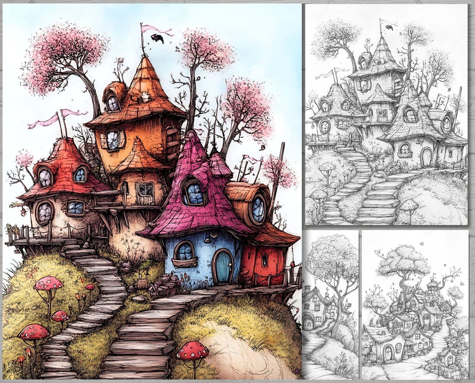 Fantasy Village Coloring Pages: Fairytale Houses, Storybook Art (PDF ...