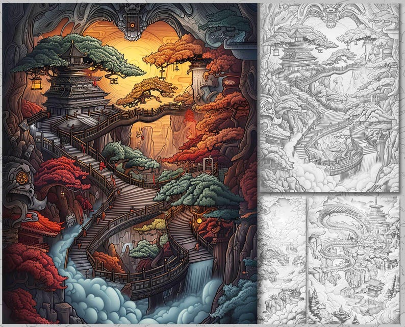 Enchanted Japanese Temple Coloring Pages, Fantasy Pagoda Printable, Zen ...