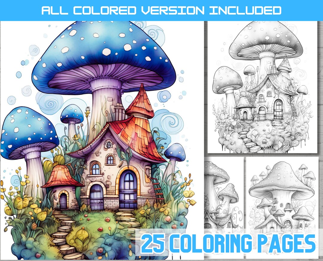 Cute Mushroom House Coloring Book, Amusing Adult and Kids Fairy House ...