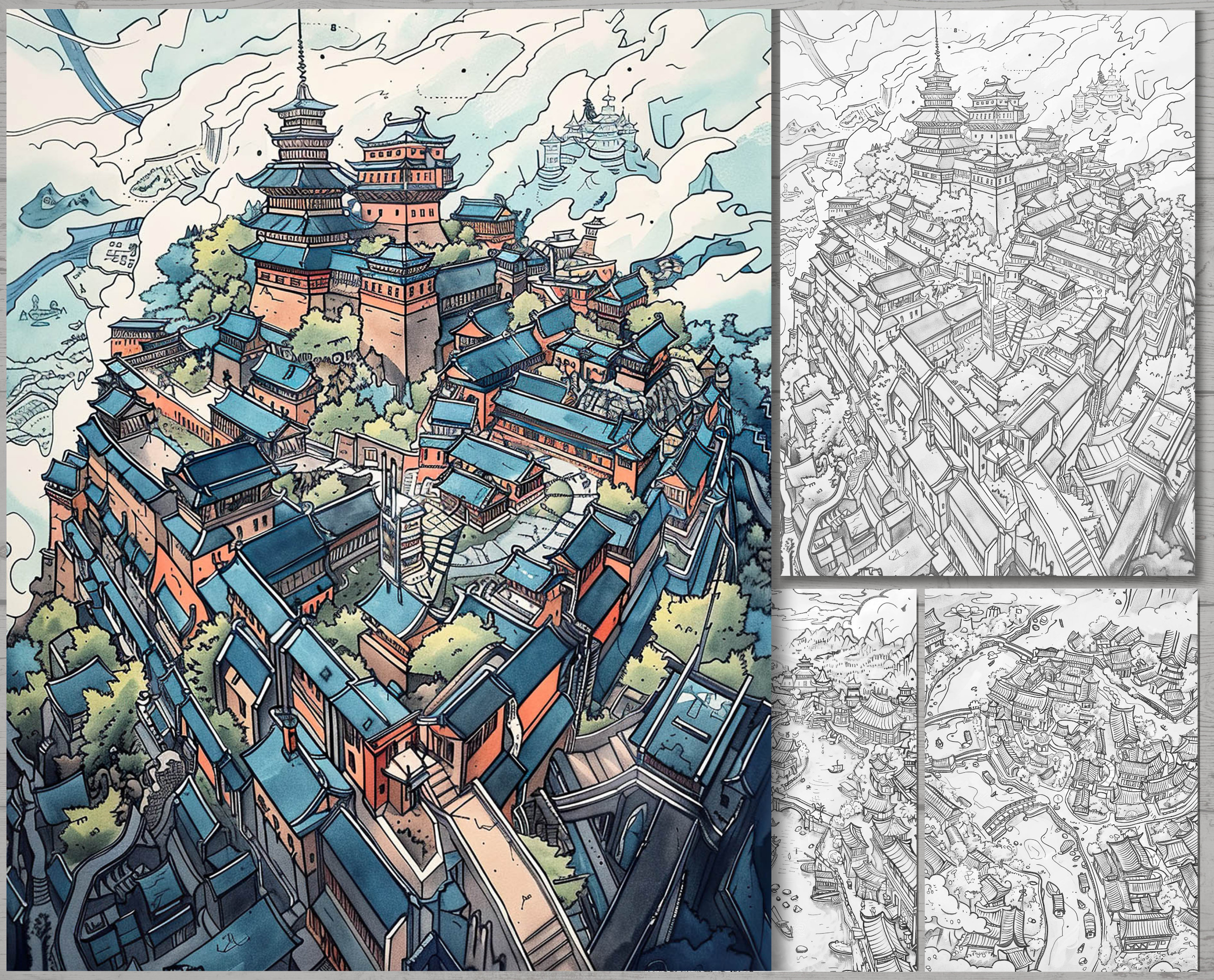 Ancient China Town Map Coloring Pages: Kids & Adults (digital Download ...