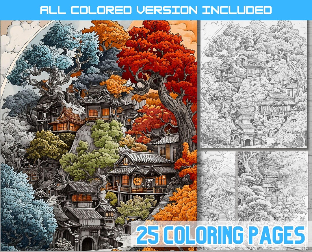 Whimsical Fantasy Japanese Village Coloring Book, Enchanted Fairy Tale ...