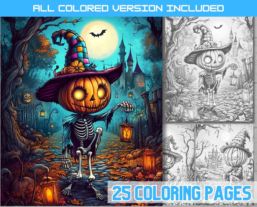 Spooky Halloween Coloring Book: Skeleton & Pumpkin (PDF Download) - Etsy