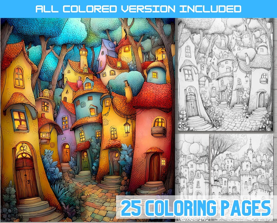 Fantasy Tower Village Coloring Page, Fairytale City Houses, Magical ...