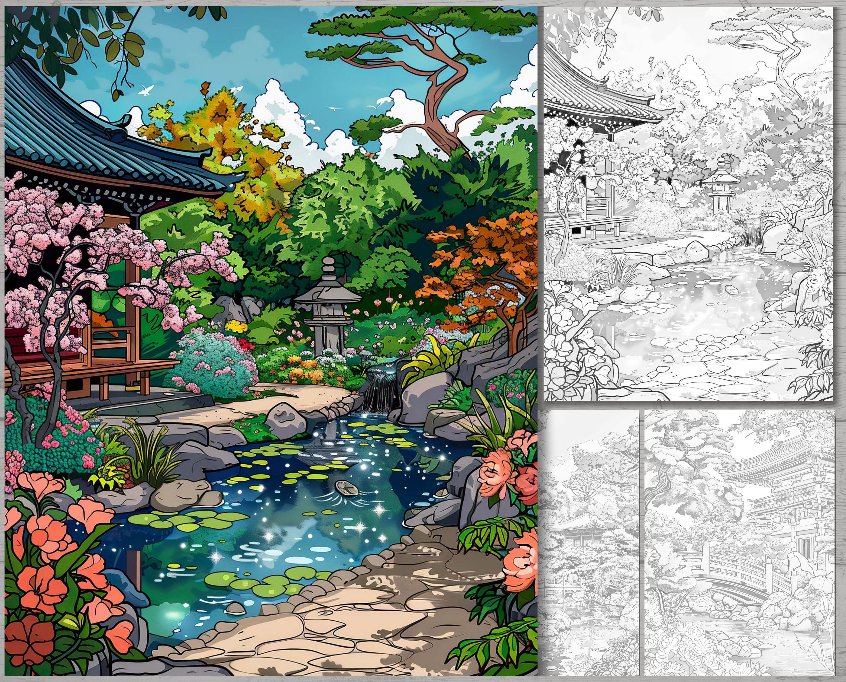 Japanese Garden Coloring Pages: Spring Zen Garden Art for Adults & Kids ...