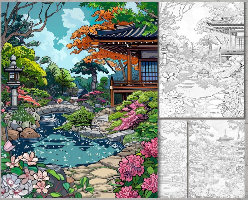 Japanese Garden Coloring Pages: Spring Zen Garden Art for Adults & Kids ...
