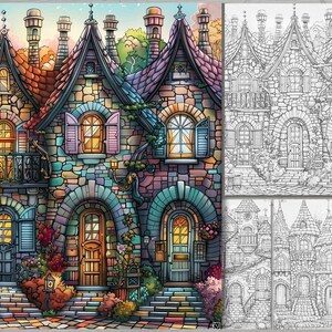 Whimsical Stone Cottages Coloring Book, Fantasy Houses Coloring Pages ...