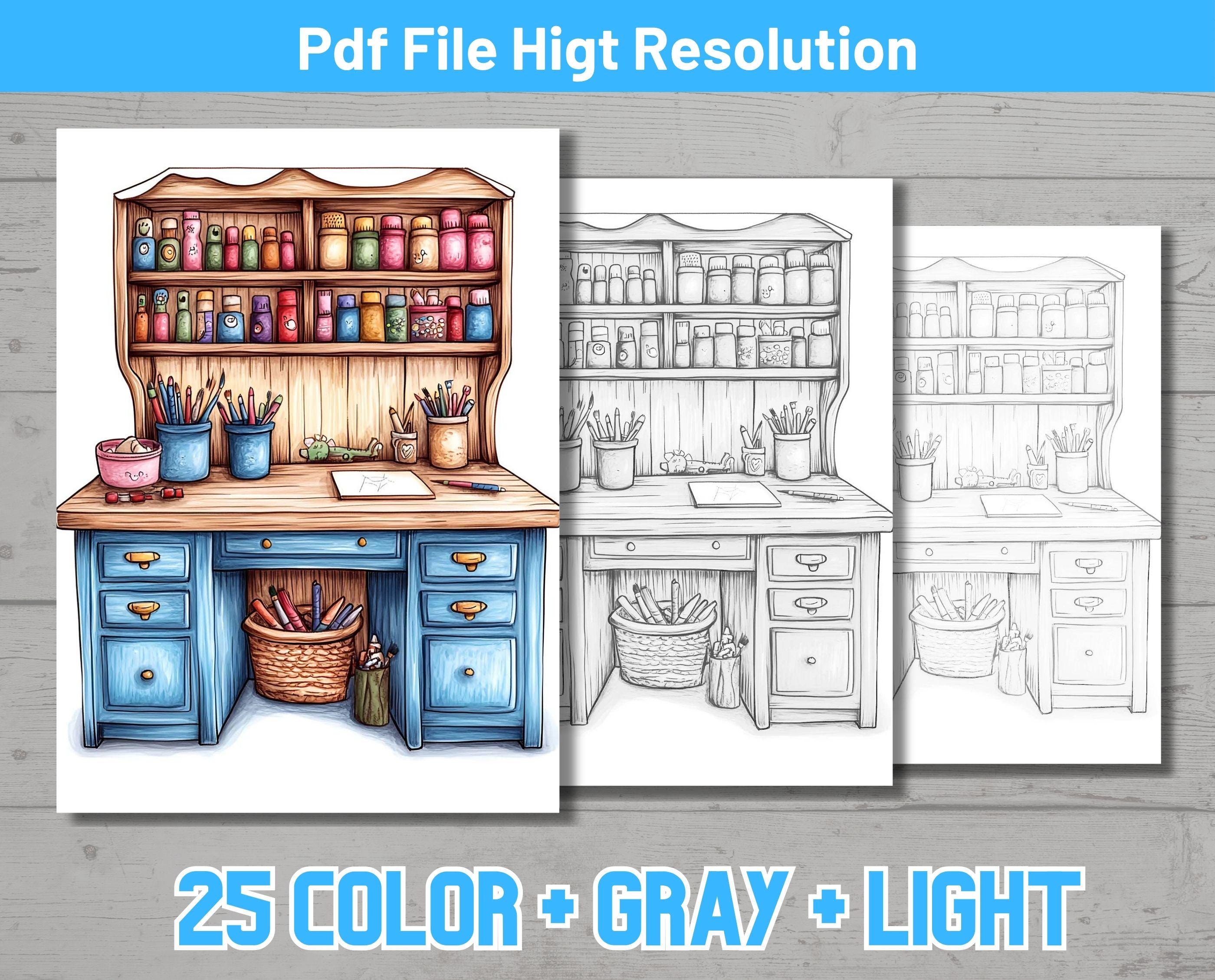 Cute Vintage Craft Room Coloring Page, Creative Space Decor Coloring ...