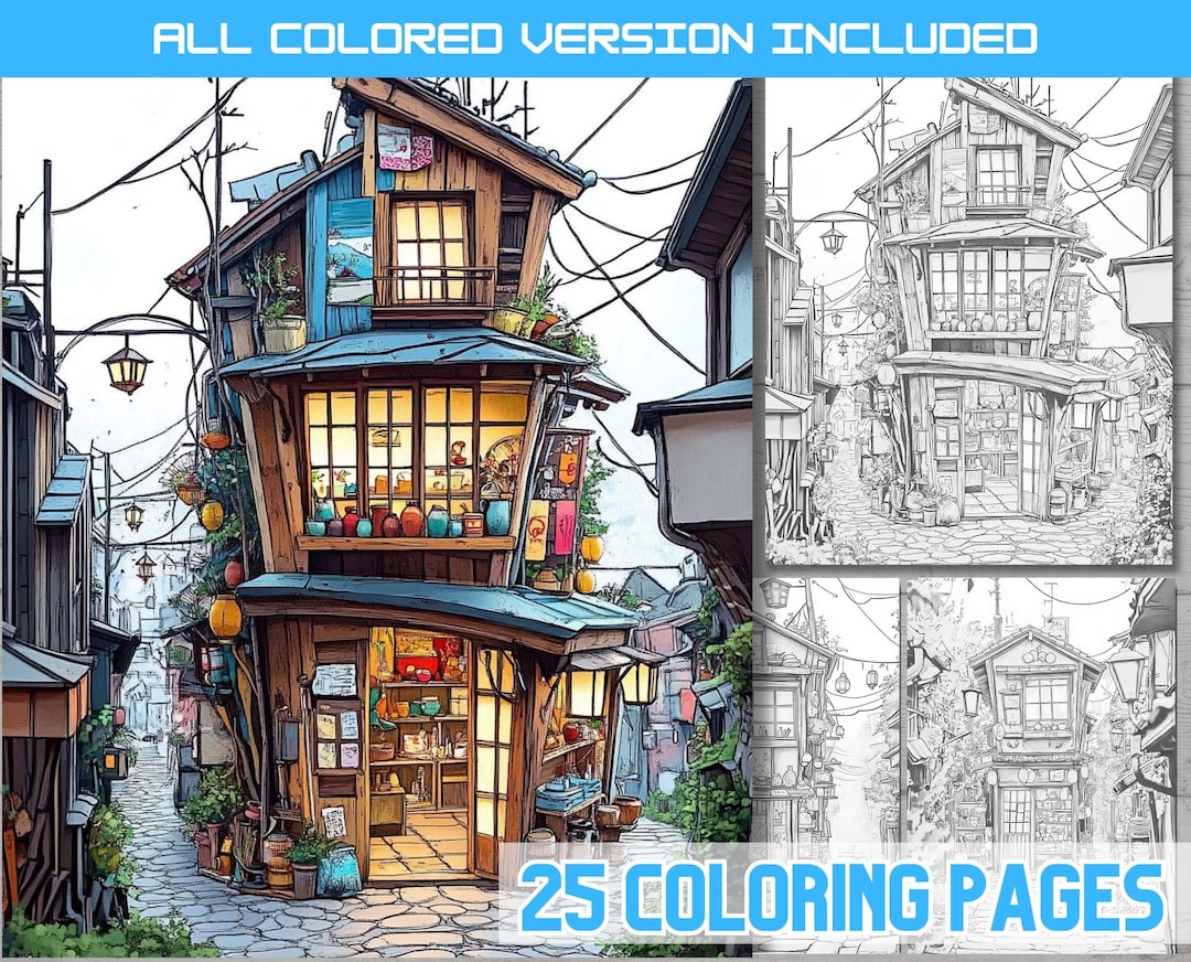 Charming Japanese Store Coloring Book, Unique Street Scene, Detailed ...