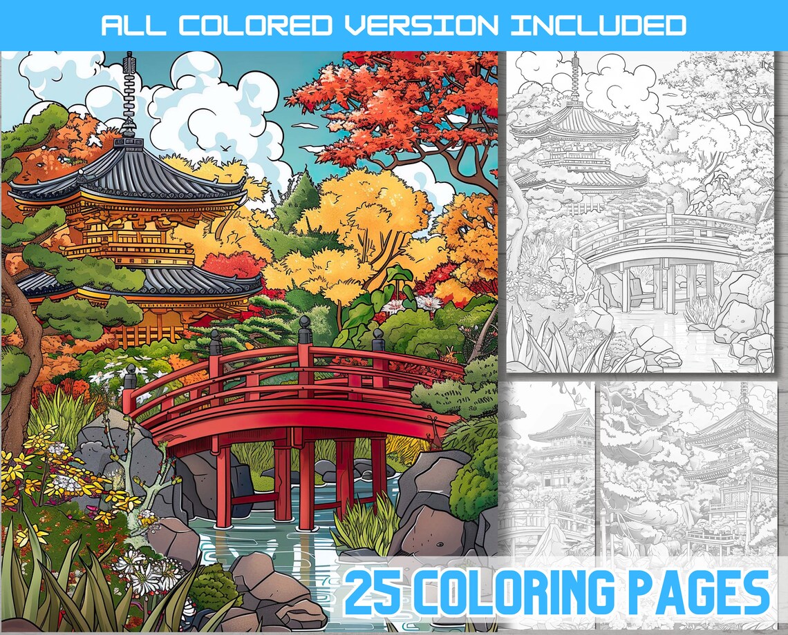 Japanese Garden Coloring Pages: Spring Zen Garden Art for Adults & Kids ...
