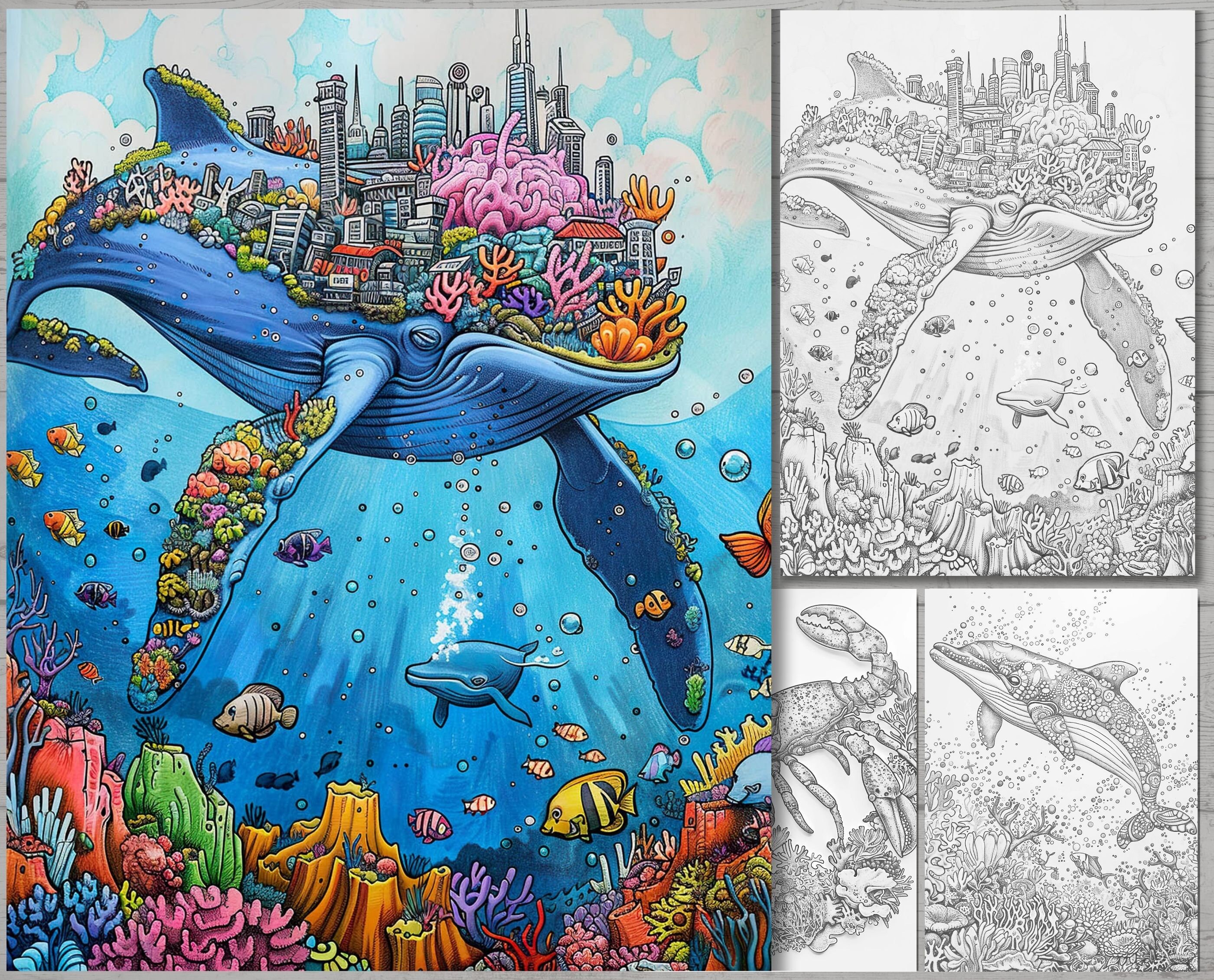 Surrealistic Marine Creatures Fantasy Coloring Book, Detailed Ocean ...