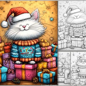 Cute Christmas Cat Coloring Book, Holiday Cats Coloring Pages, Xmas Pet ...
