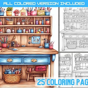 Cute Vintage Craft Room Coloring Page, Creative Space Decor Coloring ...