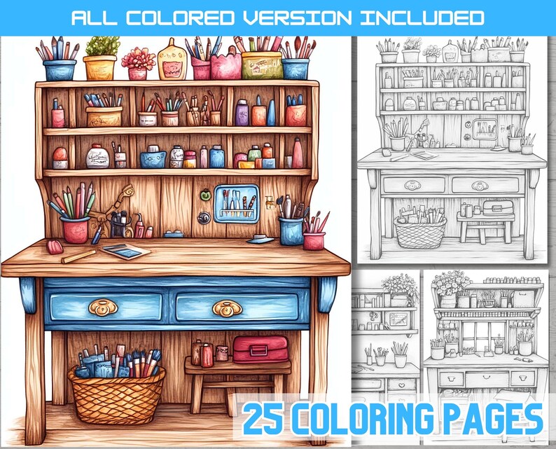 Cute Vintage Craft Room Coloring Page, Creative Space Decor Coloring ...