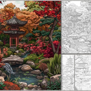 Japanese Garden Coloring Pages: Spring Zen Garden Art for Adults & Kids ...