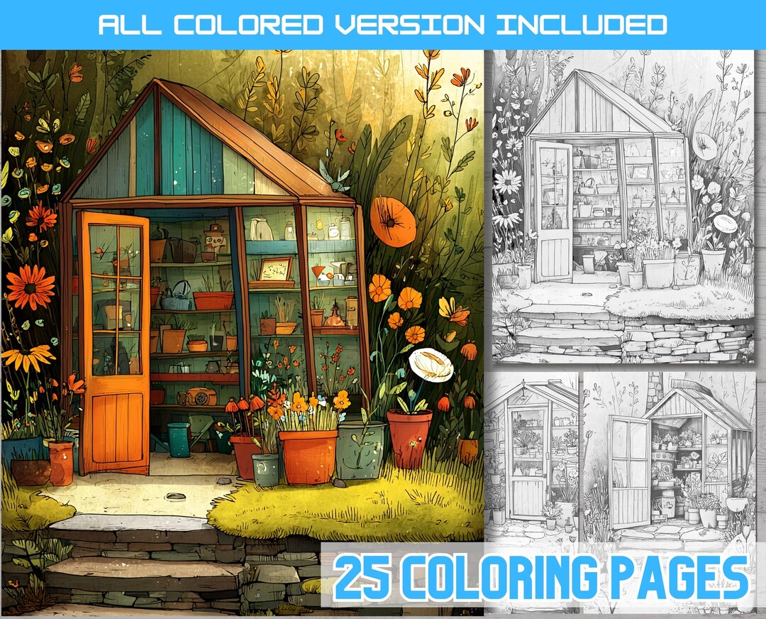 Greenhouse Coloring Book, Botanical Garden Shed Printable Pages, PDF ...