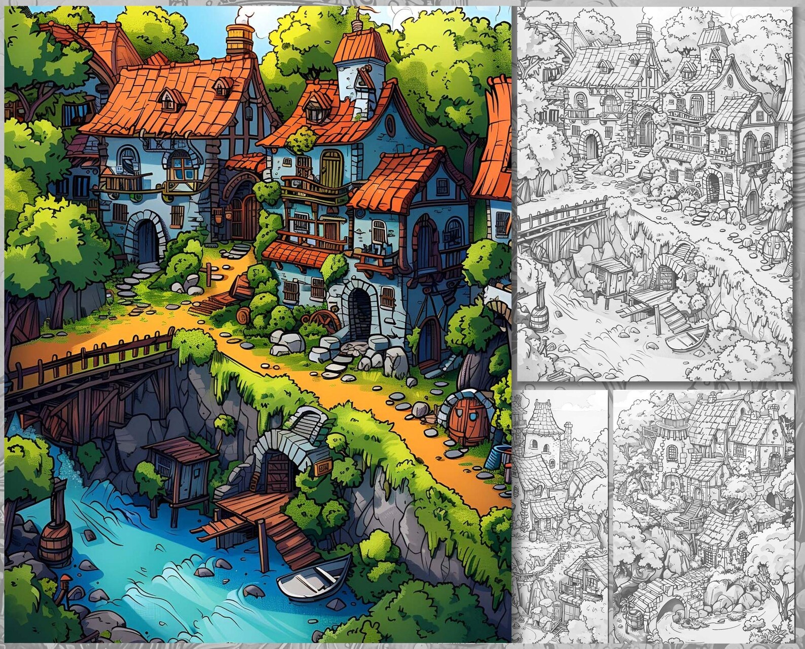 Rural Village Coloring Book: Scenic Cottage Pages (digital Download) - Etsy