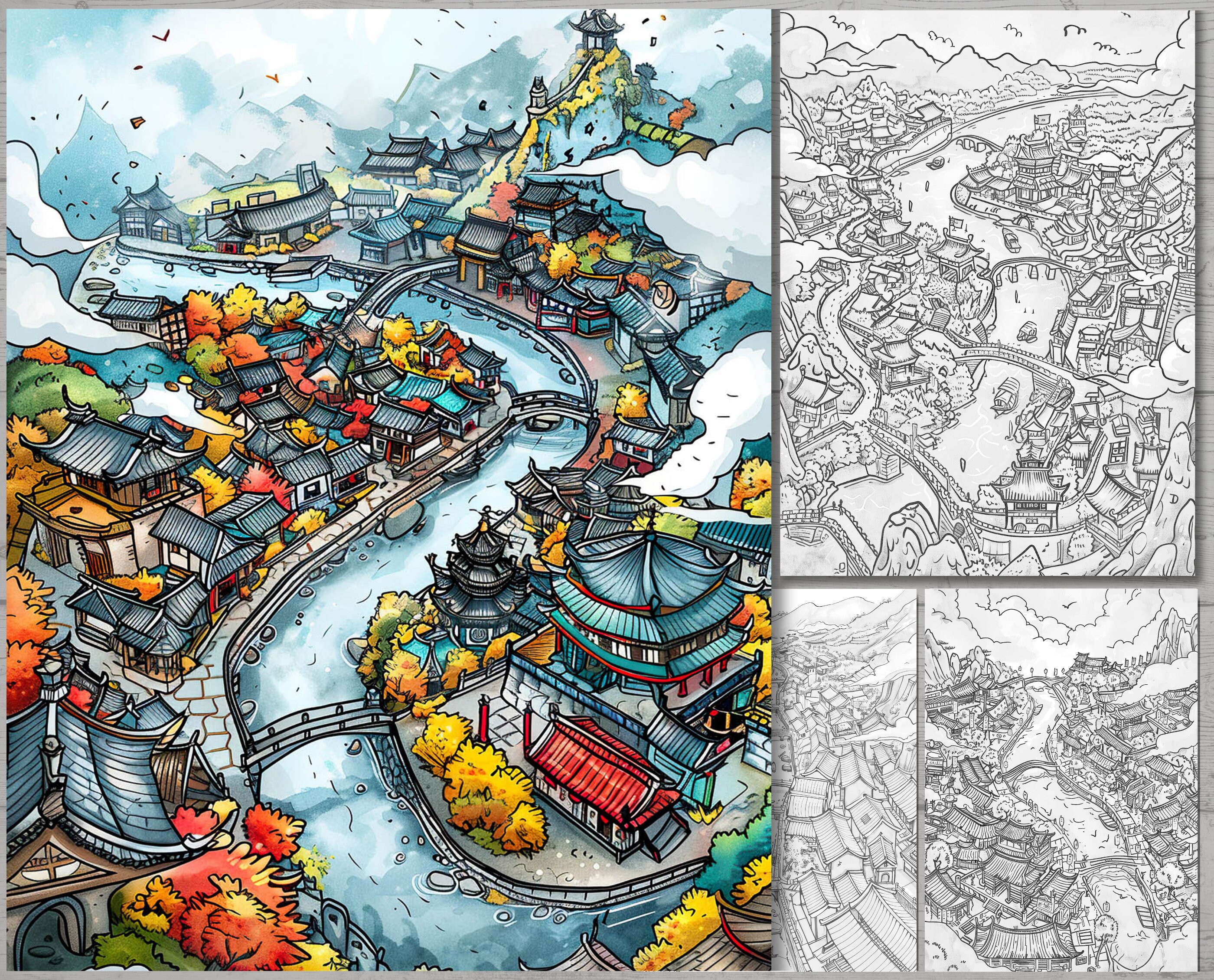Ancient China Town Map Coloring Pages: Kids & Adults (digital Download ...