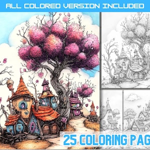 Whimsical Fantasy Village Coloring Page - Printable Fairytale Houses ...