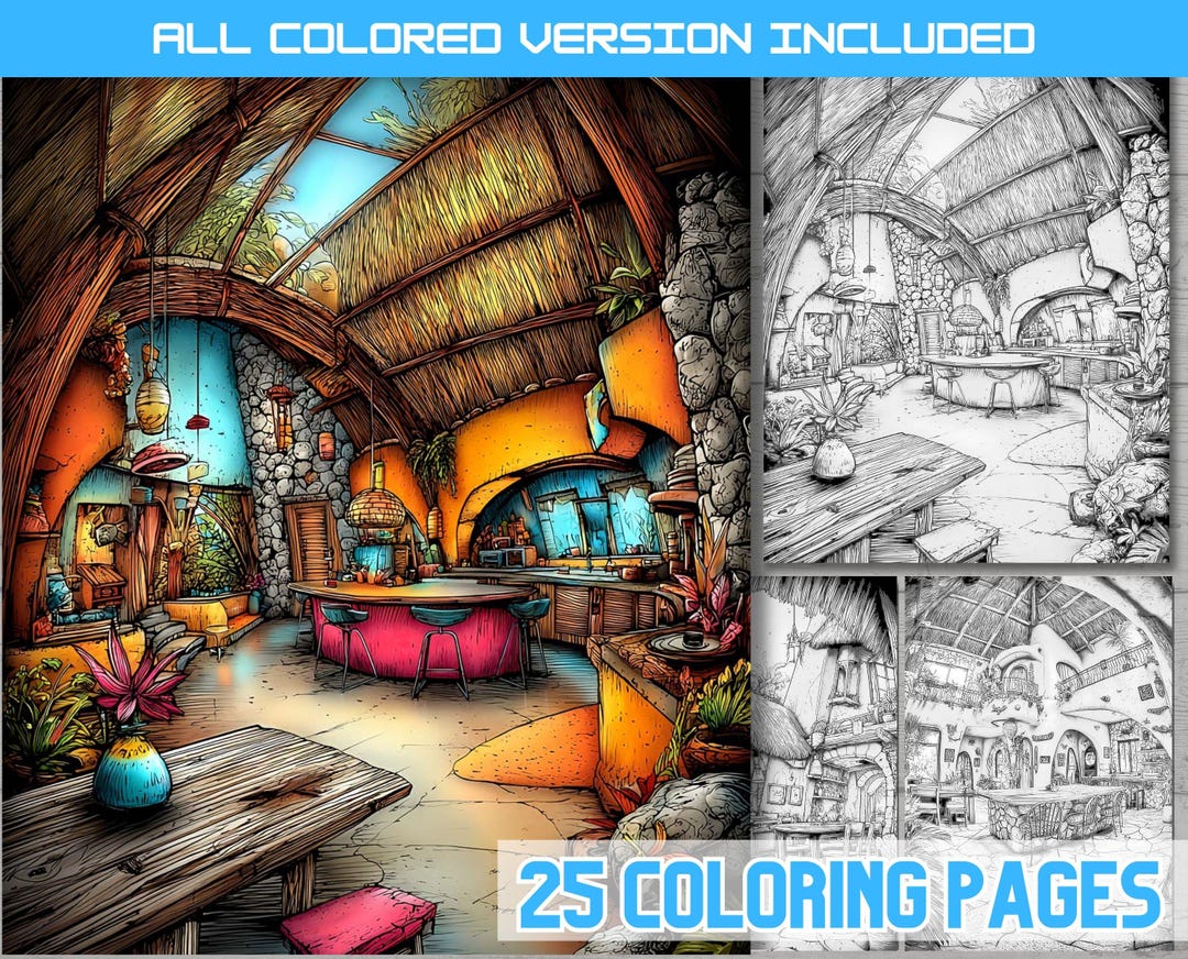 Tropical Bungalow Coloring Book Page, Exotic Island House Interior ...