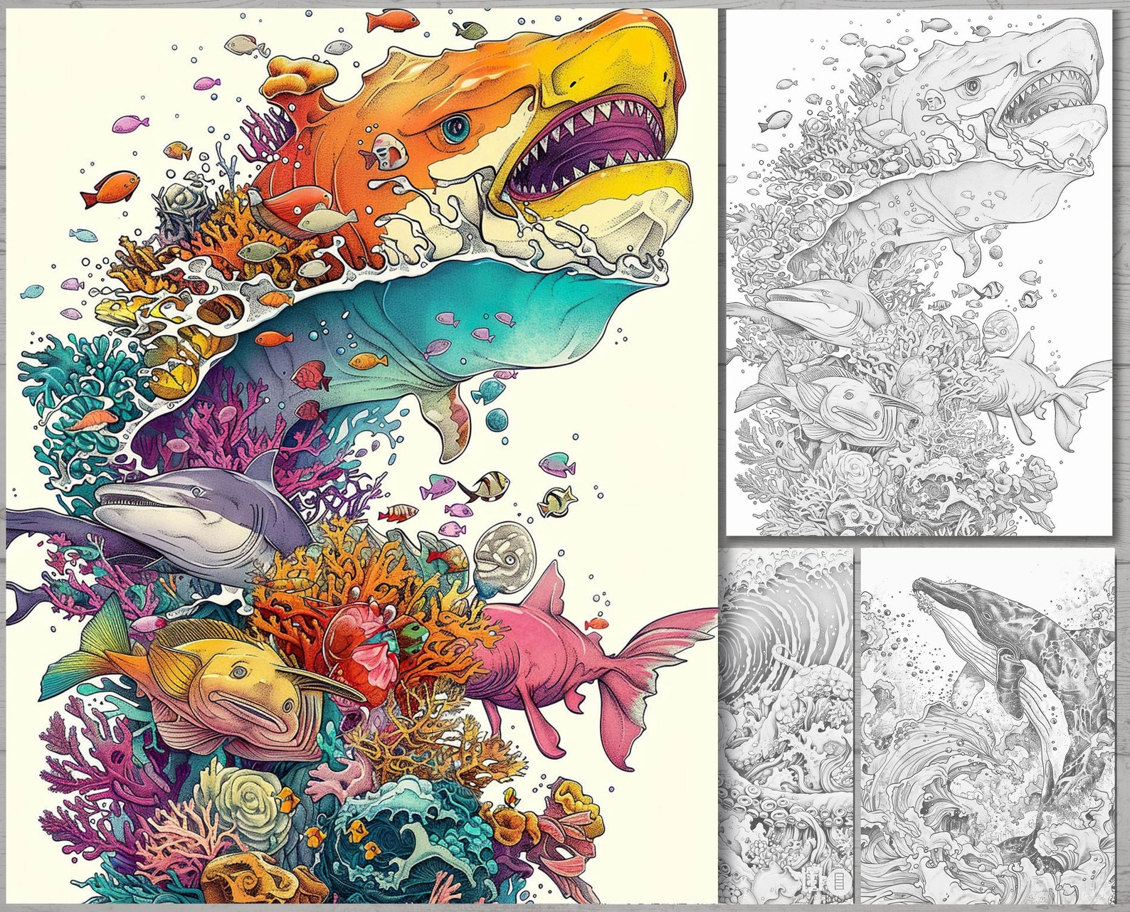 Surrealistic Marine Creatures Fantasy Coloring Book, Detailed Ocean ...