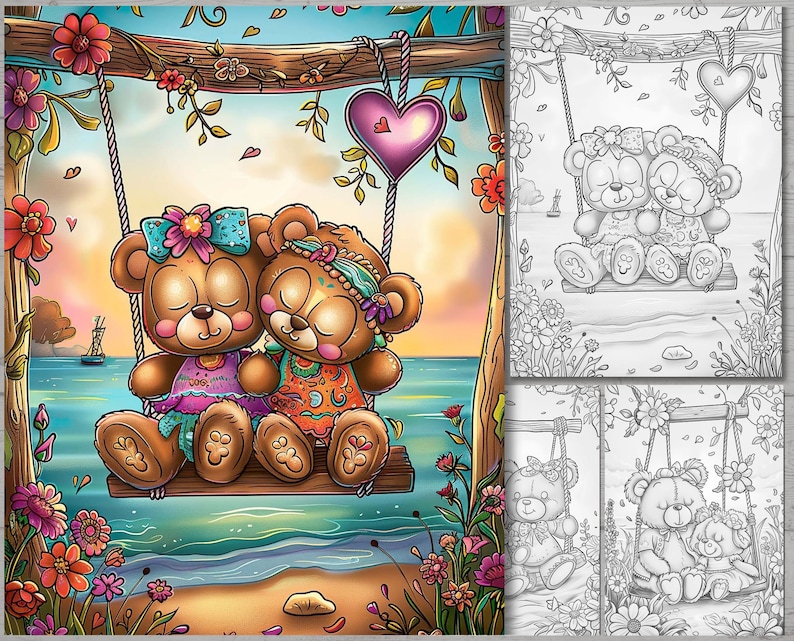 Cute Teddy Bear Coloring Book, Adorable Love Flowers and Bears, Sweet ...