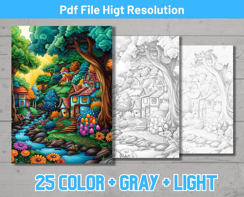 Fantasy Village Coloring Book: Magical Houses, Grayscale & Color (PDF ...