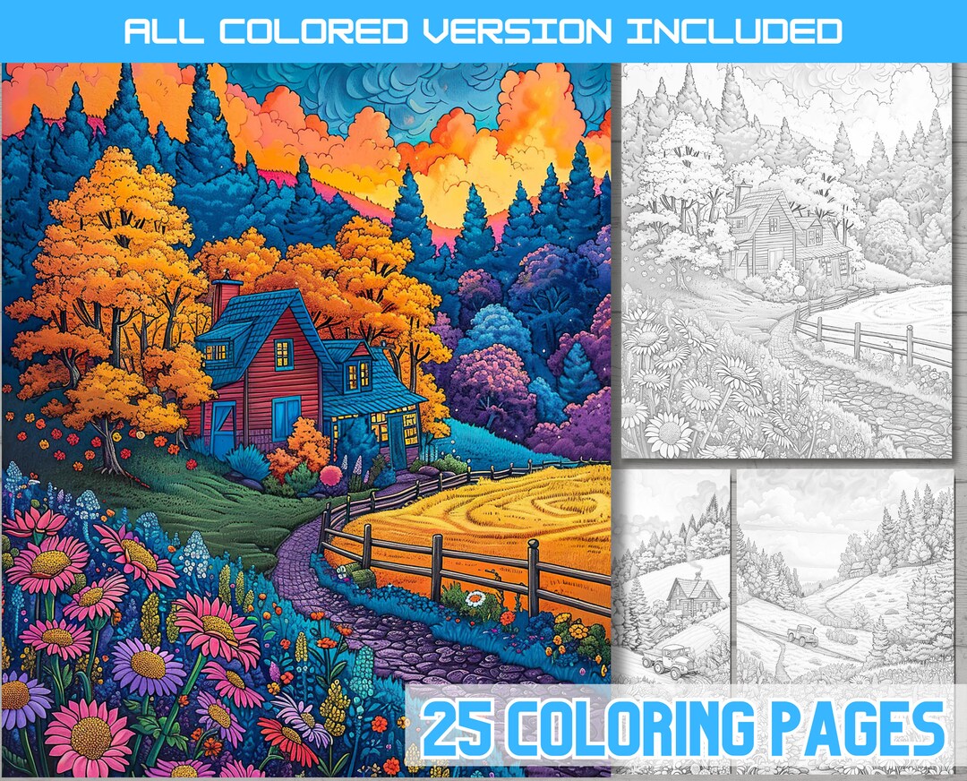 Farm Landscape Coloring Pages: Flower Farm Scene, Vehicles (PDF) - Etsy