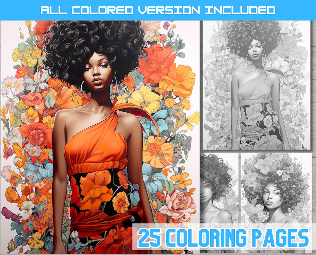 Elegant Black Women Coloring Book, Beautiful Black Lady Art, Graceful ...