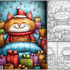 Cute Christmas Cat Coloring Book, Holiday Cats Coloring Pages, Xmas Pet ...