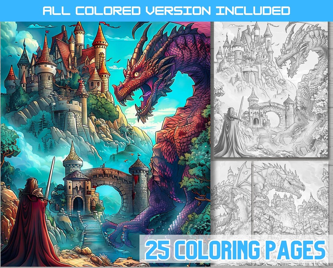 Dragon & Castle Fantasy Coloring Book: Knight Adventure (digital ...