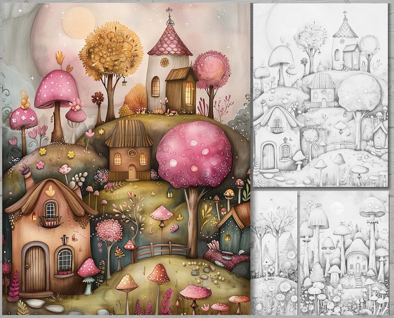 Whimsical Fantasy Village Coloring Book, Enchanted Fairy Tale Houses ...