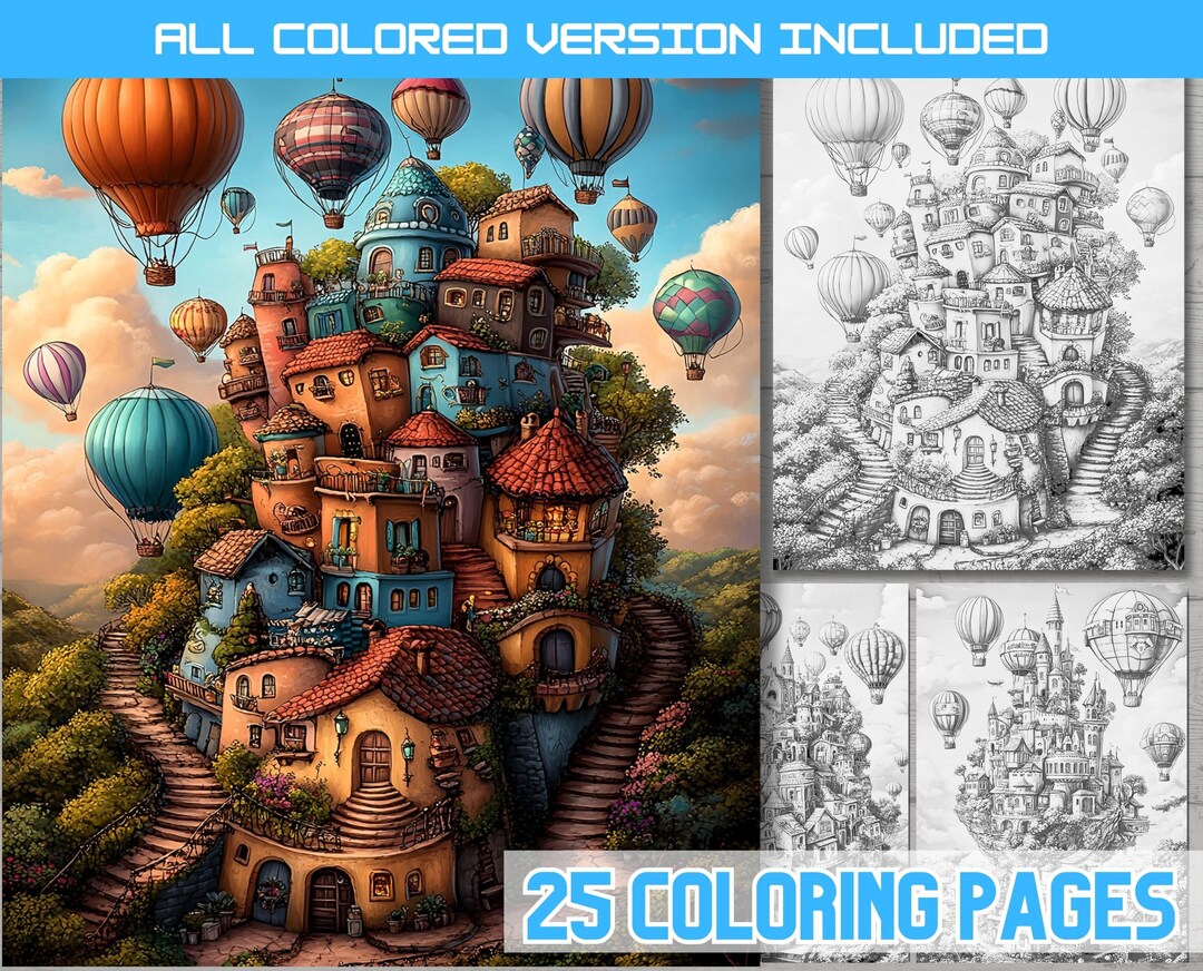 Fantasy Hot Air Balloon Coloring Book: Suspended Cityscapes (PDF) - Etsy