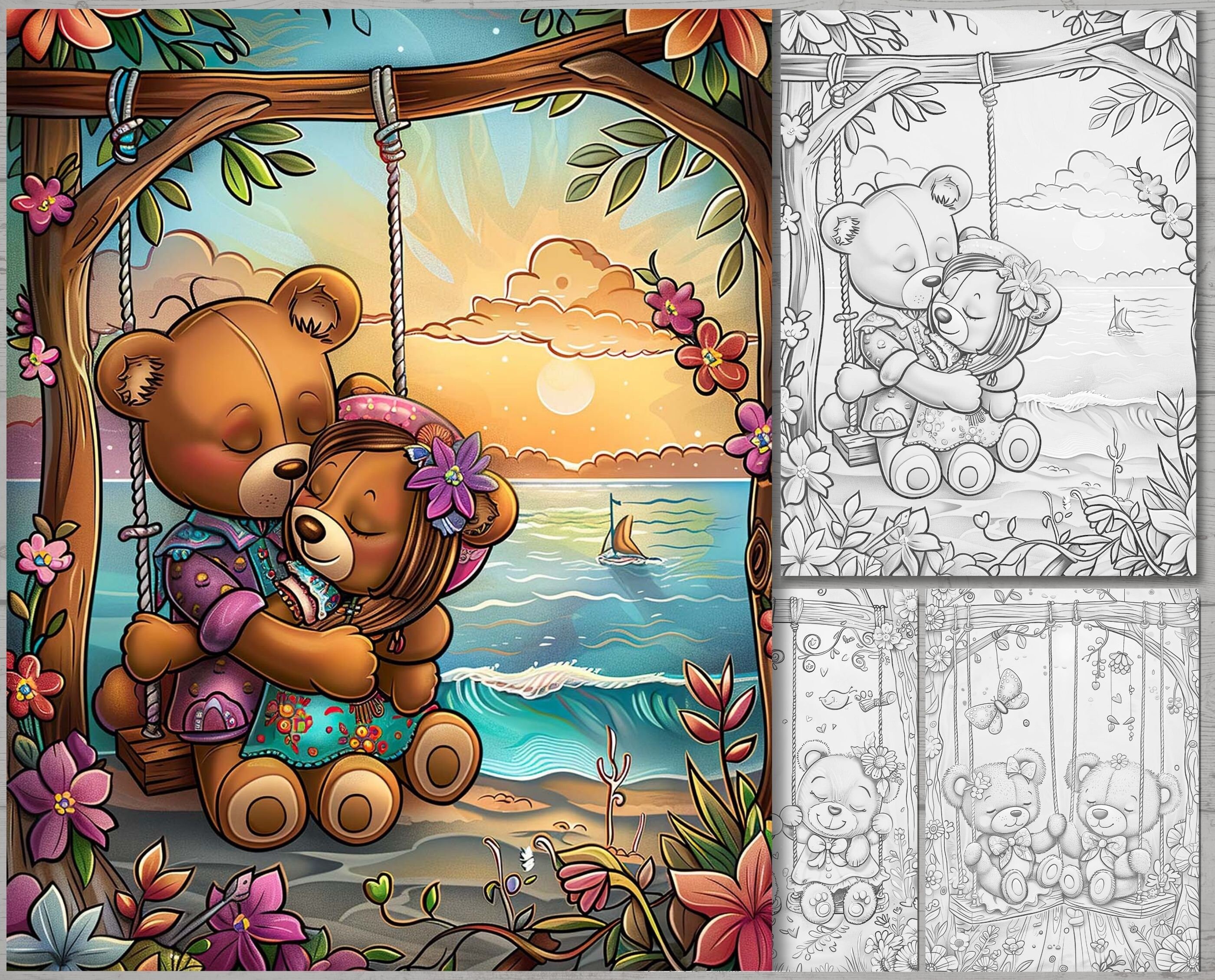 Cute Teddy Bear Coloring Book, Adorable Love Flowers and Bears, Sweet ...