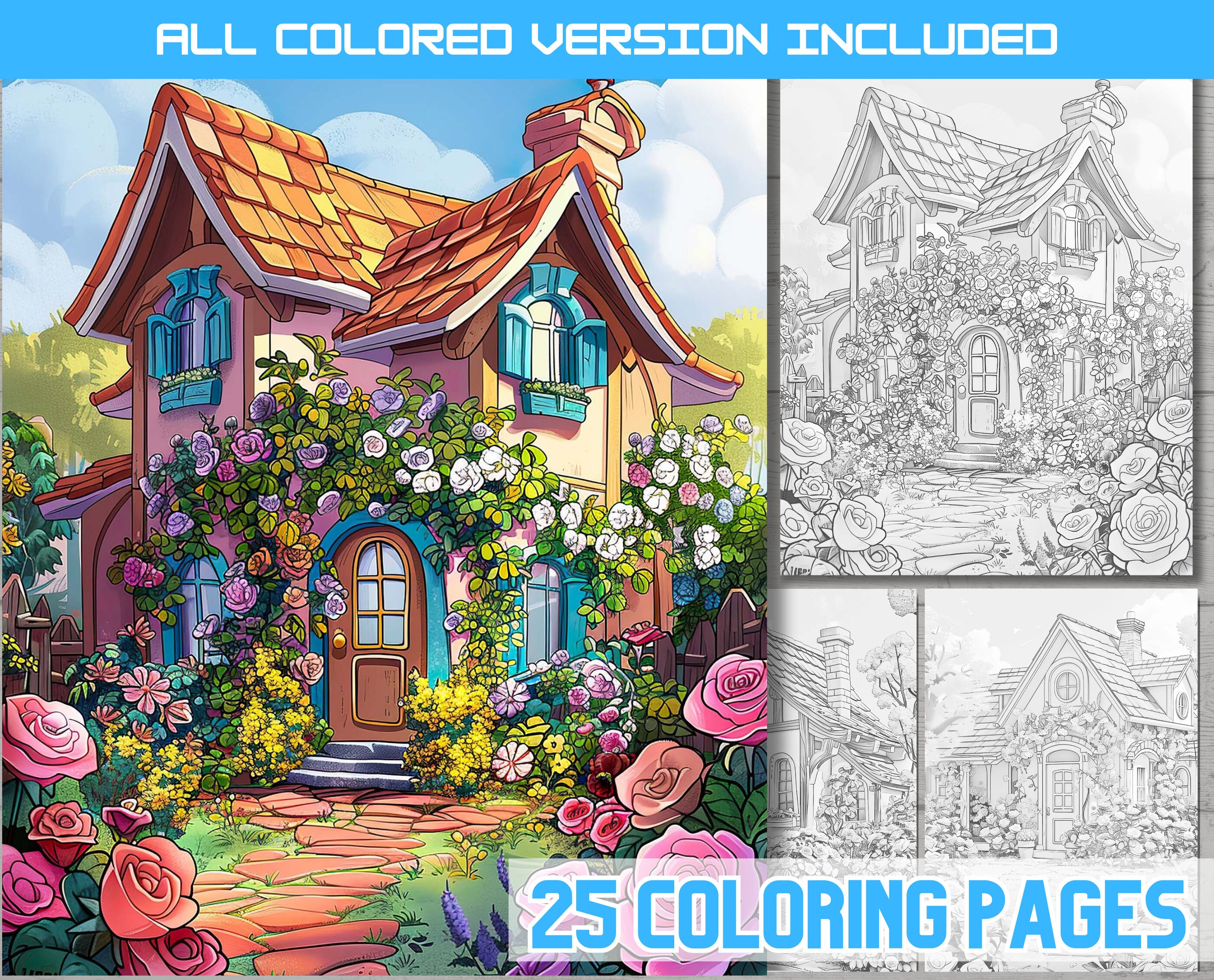 Cute Garden House Coloring Book, Lovely Floral Houses Coloring Pages ...