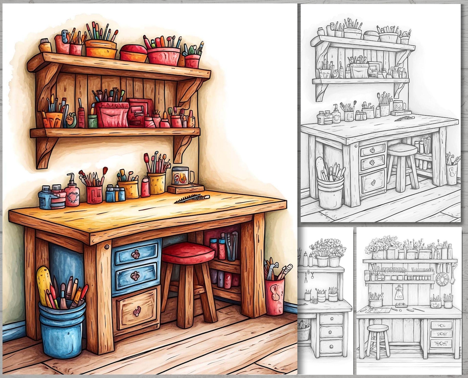 Cute Vintage Craft Room Coloring Page, Creative Space Decor Coloring ...