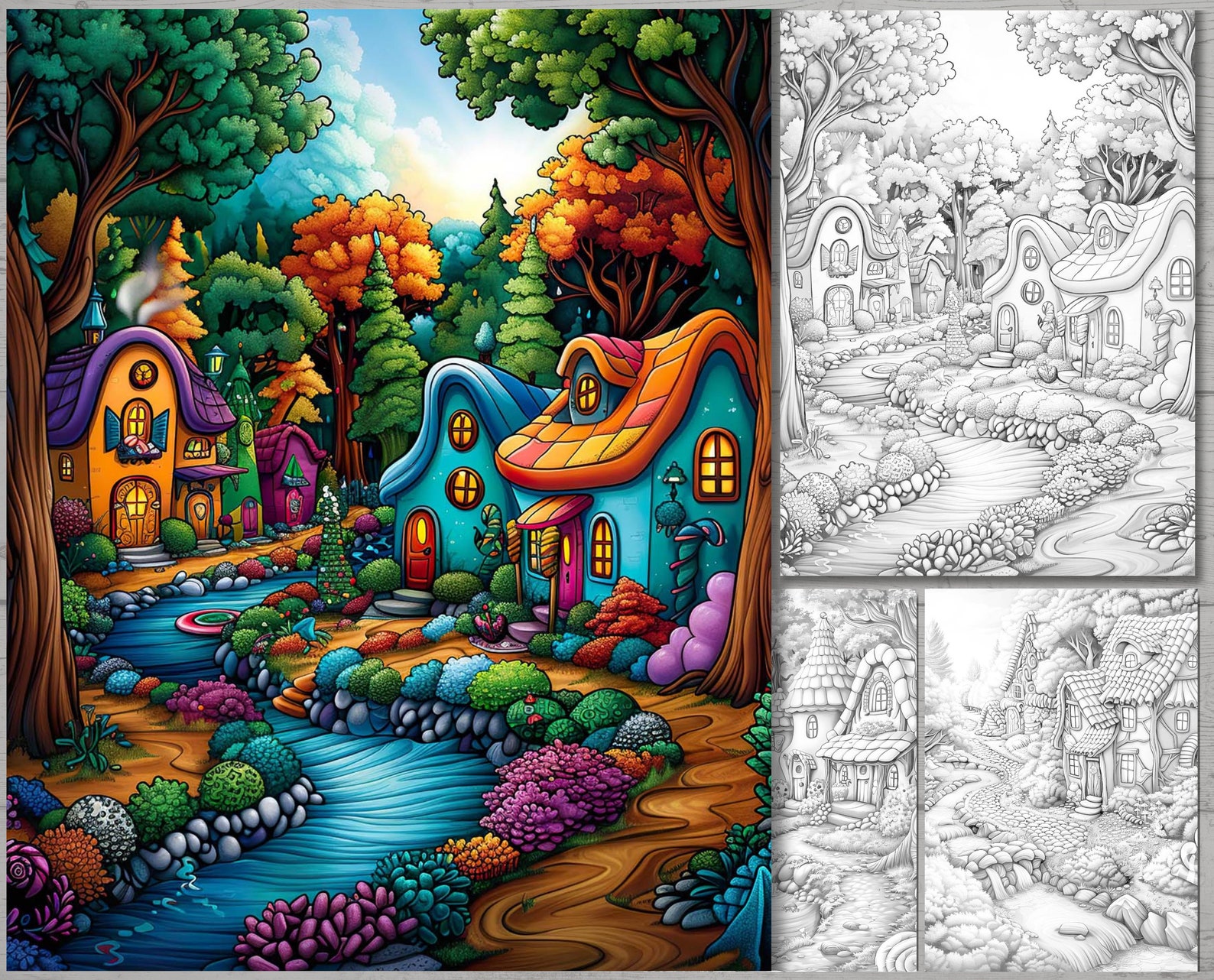 Fantasy Village Coloring Book: Magical Houses, Grayscale & Color (PDF ...