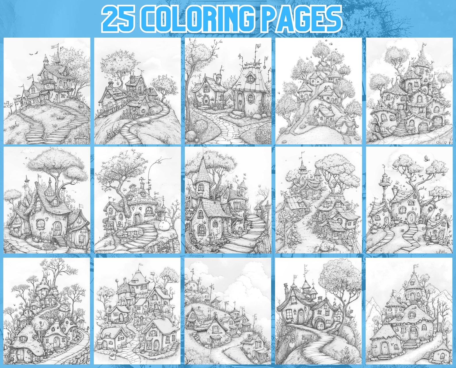 Fantasy Village Coloring Pages: Fairytale Houses, Storybook Art (PDF ...