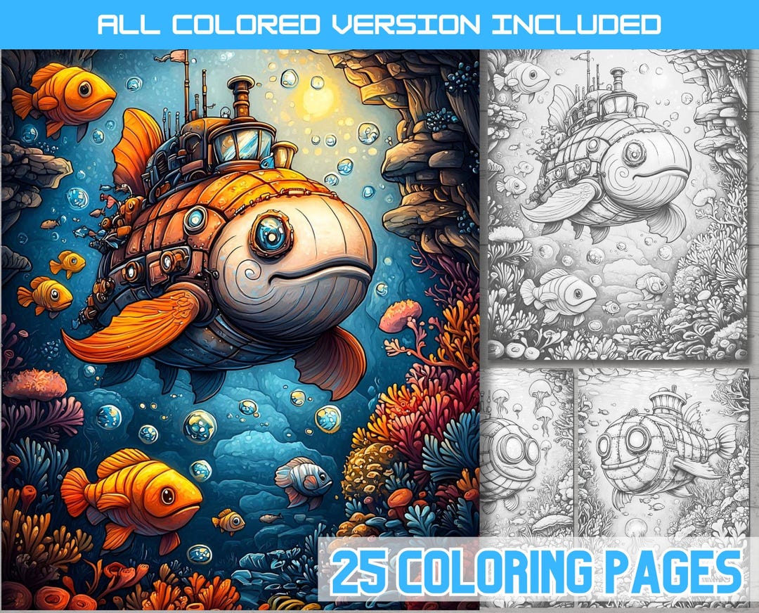 Steampunk Submarine Coloring Book: Fantasy Sea Life (digital Download ...