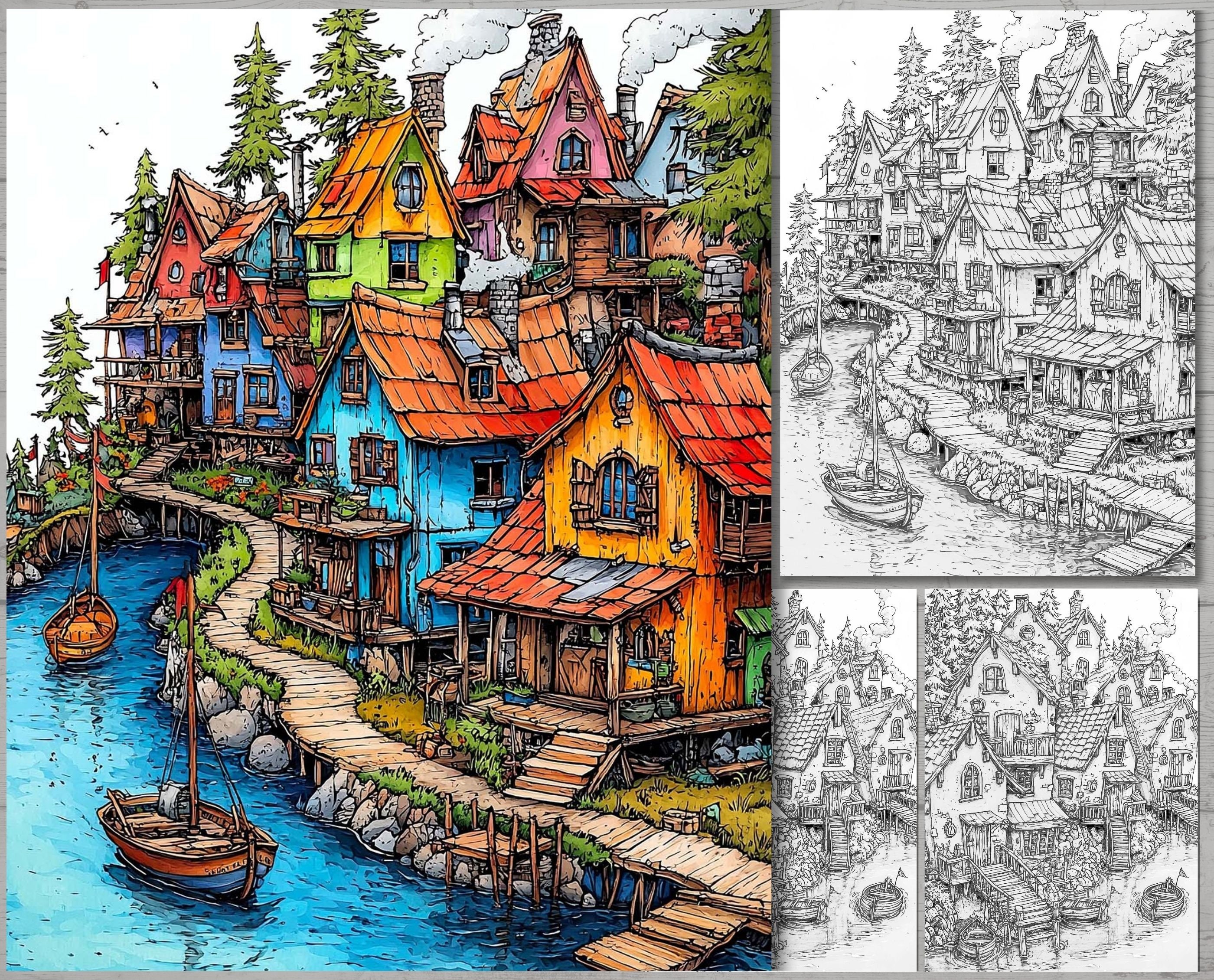 River Village Coloring Book: Ancient Cabins, Shacks (PDF Download) - Etsy
