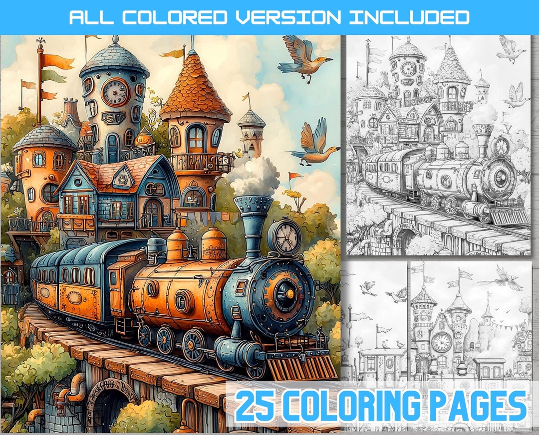 Steampunk Train Coloring Pages: Whimsical Illustrations (PDF Download ...